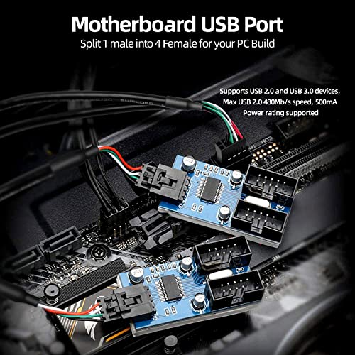 9Pin USB Header Splitter Male 1 to 4 Female Extension Cable Card for Motherboard, USB 2.0 Splitter Cable Connector with 3M Adhesive, Adapter Port Multiplier for CPU Fans, RGB Lights, WiFi Receiver