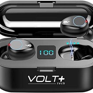 VOLT PLUS TECH Wireless V5.0 Bluetooth Earbuds Compatible with CAT S62 LED Display, Mic 8D Bass IPX7 Waterproof/Sweatproof (Black)