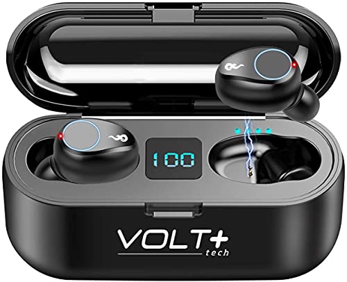 VOLT PLUS TECH Wireless V5.0 Bluetooth Earbuds Compatible with CAT S62 LED Display, Mic 8D Bass IPX7 Waterproof/Sweatproof (Black)