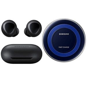 samsung galaxy buds 2019, bluetooth true wireless earbuds (wireless charging case included), black – international version, no warranty (buds + fast wireless charging pad bundle, black) (renewed)