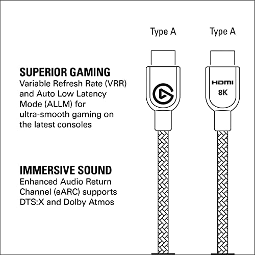 Elgato Ultra High Speed HDMI Cable – Certified HDMI 2.1, 48 Gbit/s, Supports 8K@60Hz, 4K@120Hz, Dynamic HDR, eARC, Dolby Atmos, Compatible with HD60 X, Sony PS4/PS5, Xbox Series X/S etc, 6.5ft