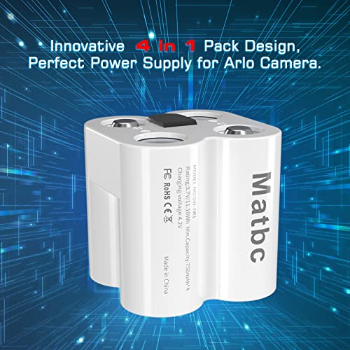 Matbc Rechargeable Batteries for Arlo, Unique 4in1 Design of 123A Camera Batteries, Replacemen with arlo Security Camera System VMK 3200/VMC3030/VMS3330/3430/3530 Battery, 2Pack 3000mAh Upgraded