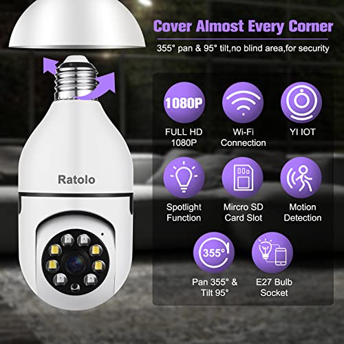 ratolo Light Bulb Security Camera Wireless WiFi Outdoor Indoor, Home Security Cameras 1080P Pan Tilt 2.4Ghz 360 Degree Human Motion Detection Alarm Night Vision Two-Way Talk E27 Socket