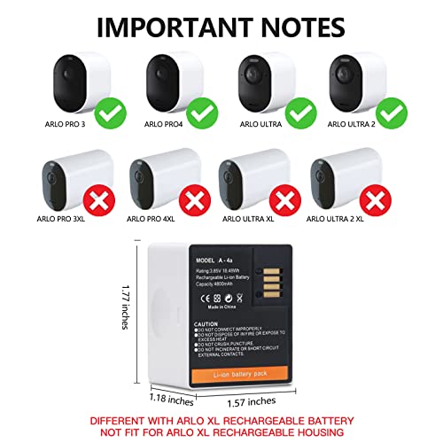 HSX 2-Pack 4800mAh Rechargeable Battery Compatible with Arlo Ultra, Ultra 2, Arlo Pro 3 and Pro 4 Cameras[3.85V/18.48Wh/4800mAh]