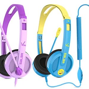 QearFun 2 Pack Kids Headphones with Microphone for School, Wired Headphones for Kids with Rotatable & Extendable Mic, Boys & Girls Online Learning Headsets for Tablet/PC/Classroom/Travel (PurpleBlue)