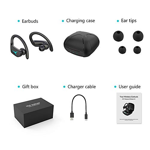 Wireless Earbuds, Bluetooth 5.1 Earphones for Sports, with Wireless Charging Case and Earhooks Over Ear Waterproof Earphones with Mic for Sports Running Workout iOS Android TV Phone Laptop Black