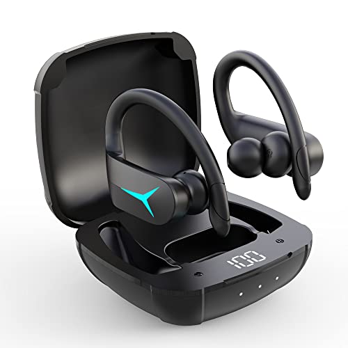 Wireless Earbuds, Bluetooth 5.1 Earphones for Sports, with Wireless Charging Case and Earhooks Over Ear Waterproof Earphones with Mic for Sports Running Workout iOS Android TV Phone Laptop Black