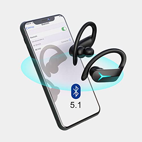 Wireless Earbuds, Bluetooth 5.1 Earphones for Sports, with Wireless Charging Case and Earhooks Over Ear Waterproof Earphones with Mic for Sports Running Workout iOS Android TV Phone Laptop Black