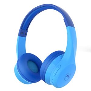 motorola moto jr300 kids bluetooth headphones with microphone – lightweight over ear wireless headphones, safe volume limit 85db, audio splitter for sharing – ideal for school, travel, gaming – blue