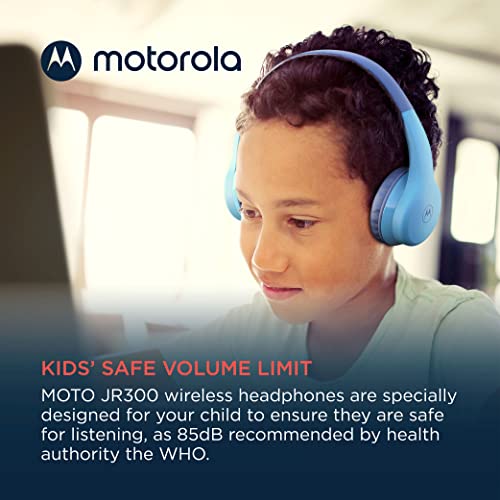 Motorola Moto JR300 Kids Bluetooth Headphones with Microphone - Lightweight Over Ear Wireless Headphones, Safe Volume Limit 85dB, Audio Splitter for Sharing - Ideal for School, Travel, Gaming - Blue