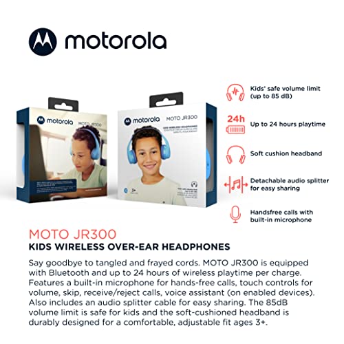 Motorola Moto JR300 Kids Bluetooth Headphones with Microphone - Lightweight Over Ear Wireless Headphones, Safe Volume Limit 85dB, Audio Splitter for Sharing - Ideal for School, Travel, Gaming - Blue