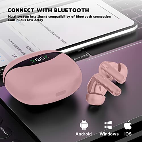 Headphones Wireless Bluetooth with LED Digital Display, T31 Noise Reduction in-Ear Earbuds Deep Bass, IPX7 Waterproof, 36H Playtime with Fast Charging Case, Suitable for Sports and Work - Pink