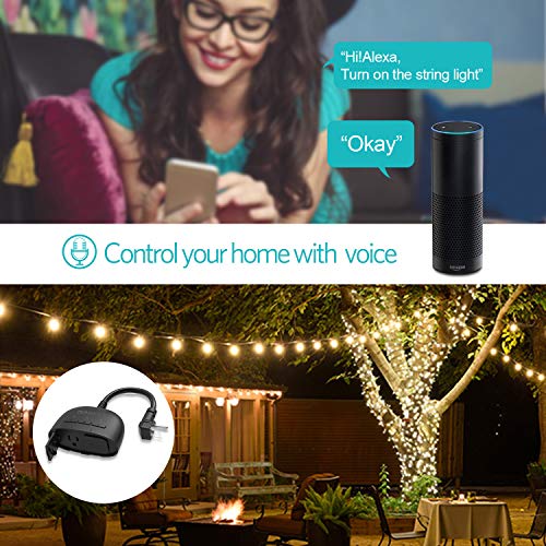 OOWOLF Outdoor Smart Plug with 2 Sockets, IP64 Waterproof WiFi Outlet Compatible with Alexa and Google Home, Wireless Remote Control/Timer by Smart Phone, Individual Control, 2.4 GHz Network, Black