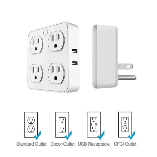 Wireless Wall Tap Smart Plug,Surge Protector, 4 Outlet Extender with 4 USB Charging Ports, Compatible with Alexa, Google Assistant and Siri, no Hub Required (4 Outlets,4 USB Ports),ETL Certification