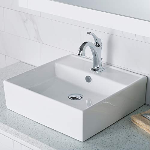 KRAUS Elavo 18 1/2-inch Square White Porcelain Ceramic Bathroom Vessel Sink with Overflow and Arlo Faucet Combo Set with Lift Rod Drain, Chrome C-KCV-150-1201CH