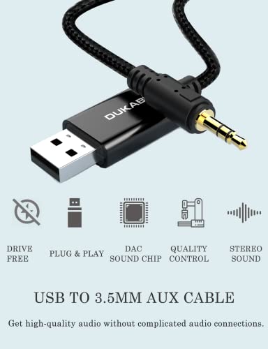 USB to 3.5mm Aux Cable, DUKABEL USB to 3.5mm Jack Cord for PC PS4 PS5 USB2.0 to 1/8’’ Male Auxiliary Audio Cable for Headphone Speaker(8FT/2.4 Meter) Do Not Work for TV Car PS3 Truck Amplifier