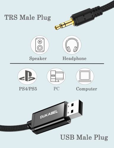 USB to 3.5mm Aux Cable, DUKABEL USB to 3.5mm Jack Cord for PC PS4 PS5 USB2.0 to 1/8’’ Male Auxiliary Audio Cable for Headphone Speaker(8FT/2.4 Meter) Do Not Work for TV Car PS3 Truck Amplifier