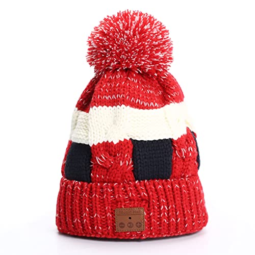 Ceotsak Wireless Beanie Hat Lined with Woolen with Detachable HD Stereo Speakers & Mic, Pom Pom Beanie Music Hats for Women Music Beanie with Rechargeable USB Winter Fitness Sports Red and Blue