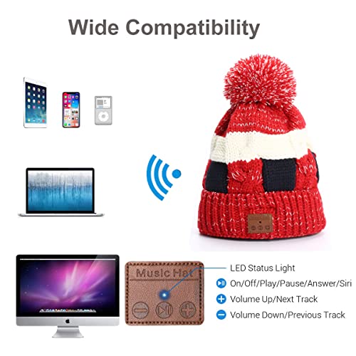 Ceotsak Wireless Beanie Hat Lined with Woolen with Detachable HD Stereo Speakers & Mic, Pom Pom Beanie Music Hats for Women Music Beanie with Rechargeable USB Winter Fitness Sports Red and Blue