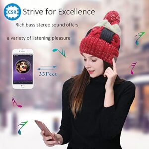 Ceotsak Wireless Beanie Hat Lined with Woolen with Detachable HD Stereo Speakers & Mic, Pom Pom Beanie Music Hats for Women Music Beanie with Rechargeable USB Winter Fitness Sports Red and Blue