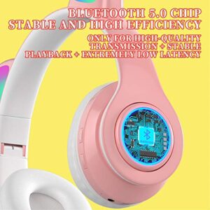 Amazing 7 Cat’s Ears LED Bluetooth Headphones, Active Noise Cancelling Headphones, Wireless Headsets Over Ear, 8Hours Playtime, Hi-Fi Stereo, Deep Bass for Music Game DJ (Sakura Pink)