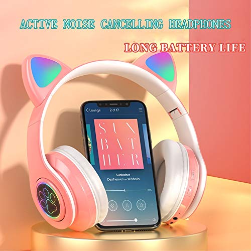 Amazing 7 Cat’s Ears LED Bluetooth Headphones, Active Noise Cancelling Headphones, Wireless Headsets Over Ear, 8Hours Playtime, Hi-Fi Stereo, Deep Bass for Music Game DJ (Sakura Pink)