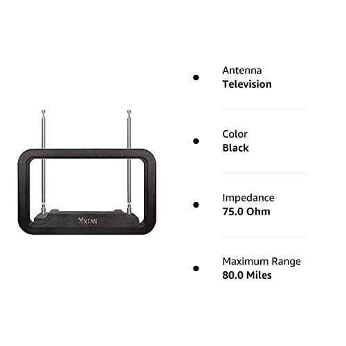 ANTAN DVB-T655VA Indoor TV Antenna 25-35 Miles Range -Support 8K 4K 1080P UHF VHF Freeview Channels with Longer 10ft Coaxial Cable, Black