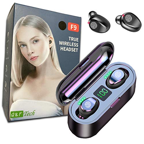 F9 Wireless LED Touch Bluetooth Earbuds/Headphones/Earphones, Smart Digital Display TWS Headset, Waterproof/Sweat-Proof, Automatically Start-up, Intelligent HD Call/Cinema HiFi Sound_Green LED Light