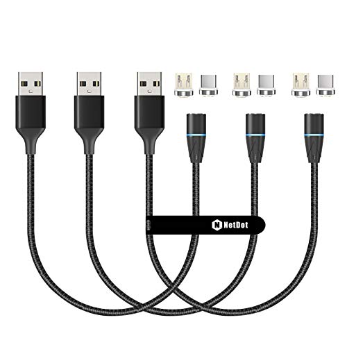 NetDot Gen12 Micro USB and USB-C [1ft,3 Pack Black] Magnetic Fast Charging Data Transfer Cable Compatible with Android Device