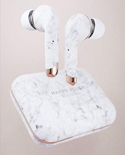 Happy Plugs Air 1 Plus – Luxury Wireless in-Ear Earbuds – Design Bluetooth Headphones with Charging Case and Built-in Microphones – Up to 40 Hours Playtime - White Marble