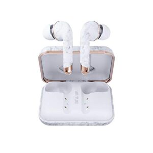 Happy Plugs Air 1 Plus – Luxury Wireless in-Ear Earbuds – Design Bluetooth Headphones with Charging Case and Built-in Microphones – Up to 40 Hours Playtime - White Marble