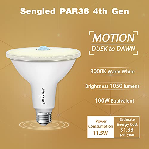 Sengled Motion Sensor Light Bulbs, Dusk to Dawn Outdoor Lighting, PAR38 Led Motion Sensor Flood Light 100 Watt Equivalent(11.5W), 3000K Warm White, Waterproof Outdoor/Indoor, 2 Pack