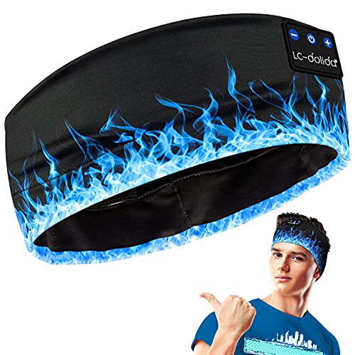 LC-dolida Bluetooth Headphones Headband, Flame Sleep Band Sleep Mask Bluetooth Sport Headband Music Headsets with Thin Speaker Microphone Handsfree,Gifts for Men Perfect for Workout (Blue)