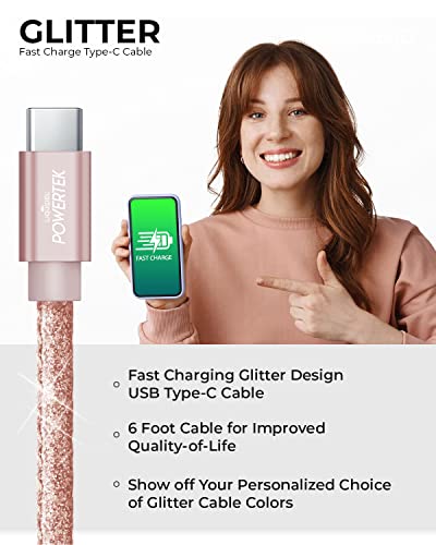 LIQUIPEL USB Type C Cable 6ft, USB A 2.0 to USB-C Fast Charger Extra Long Durable, Glitter Cables (Rose Gold)