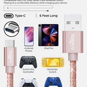 LIQUIPEL USB Type C Cable 6ft, USB A 2.0 to USB-C Fast Charger Extra Long Durable, Glitter Cables (Rose Gold)