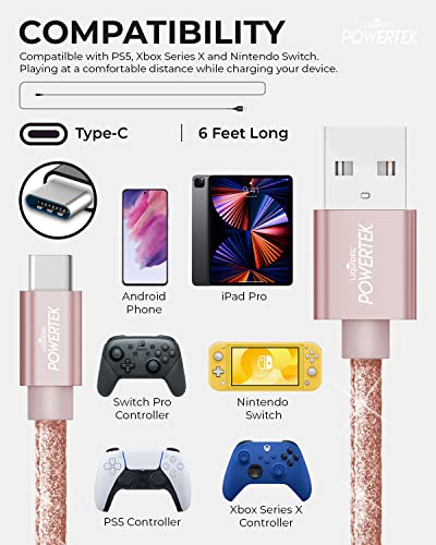 LIQUIPEL USB Type C Cable 6ft, USB A 2.0 to USB-C Fast Charger Extra Long Durable, Glitter Cables (Rose Gold)