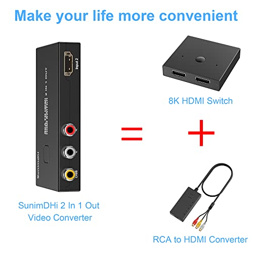 RCA to Hdmi Converter, HDMI Switch 4K@60Hz, 2 in 1 Out Video Converter, Support 16:9/4:3 720P/1080P Compatible with Xbox PS5/4/3 Blue-Ray DVD Player Fire Stick Roku VCR VHS