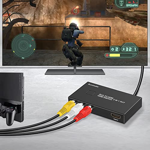 RCA to Hdmi Converter, HDMI Switch 4K@60Hz, 2 in 1 Out Video Converter, Support 16:9/4:3 720P/1080P Compatible with Xbox PS5/4/3 Blue-Ray DVD Player Fire Stick Roku VCR VHS