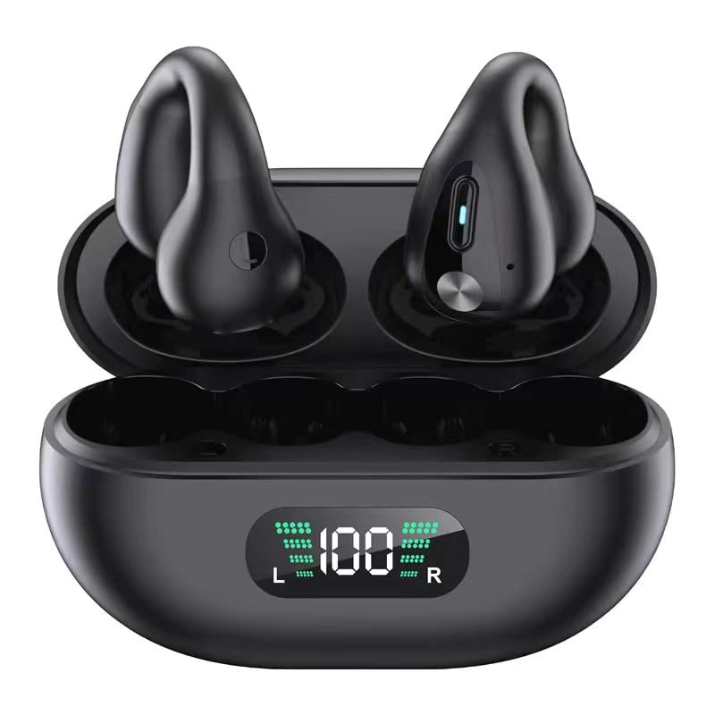 Wireless Earbuds Bluetooth Ear Clip Bone Conduction HeadphoneHi-fi Stereo with Portable Charging case Long Battery Life (Black)