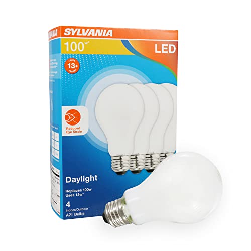 LEDVANCE Sylvania Reduced Eye Strain A21 LED Light Bulb, 100W = 15W, 13 Year, Dimmable, Frosted, 5000K, Daylight - 4 Pack (40660)