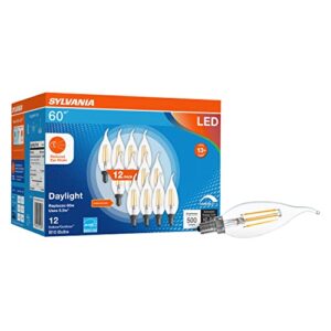 ledvance sylvania reduced eye strain b10 led light bulb, 60w = 5.5w, 13 year, candelabra base, dimmable, clear, daylight – 12 pack (41226)