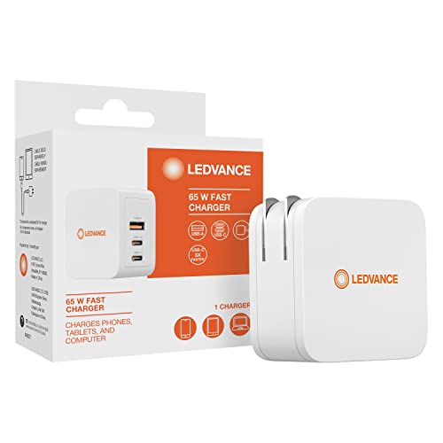 LEDVANCE 65W Smart Fast Charger with USB A / USB C Ports, 3 Device Compact Charger, Laptop / Tablet / Phone, Apple, Huawei, Samsung Compatible, White - 1 Pack (62372)