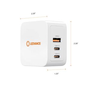 LEDVANCE 65W Smart Fast Charger with USB A / USB C Ports, 3 Device Compact Charger, Laptop / Tablet / Phone, Apple, Huawei, Samsung Compatible, White - 1 Pack (62372)