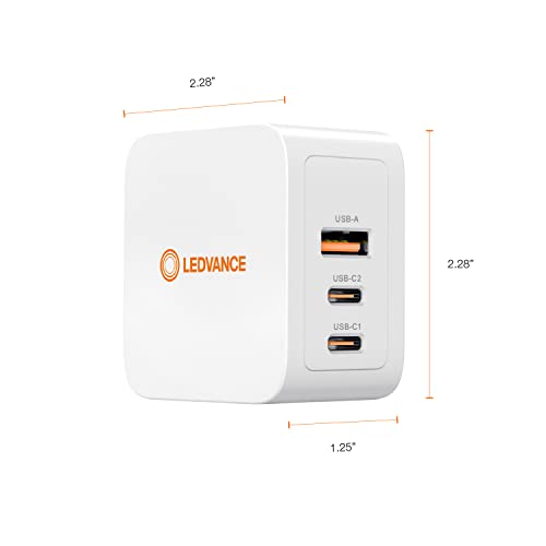 LEDVANCE 65W Smart Fast Charger with USB A / USB C Ports, 3 Device Compact Charger, Laptop / Tablet / Phone, Apple, Huawei, Samsung Compatible, White - 1 Pack (62372)