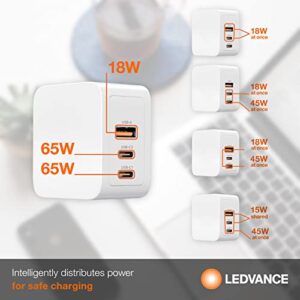 LEDVANCE 65W Smart Fast Charger with USB A / USB C Ports, 3 Device Compact Charger, Laptop / Tablet / Phone, Apple, Huawei, Samsung Compatible, White - 1 Pack (62372)