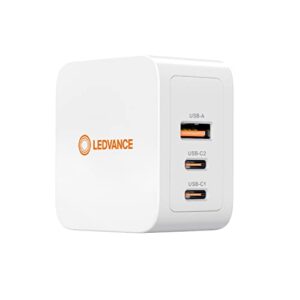 LEDVANCE 65W Smart Fast Charger with USB A / USB C Ports, 3 Device Compact Charger, Laptop / Tablet / Phone, Apple, Huawei, Samsung Compatible, White - 1 Pack (62372)