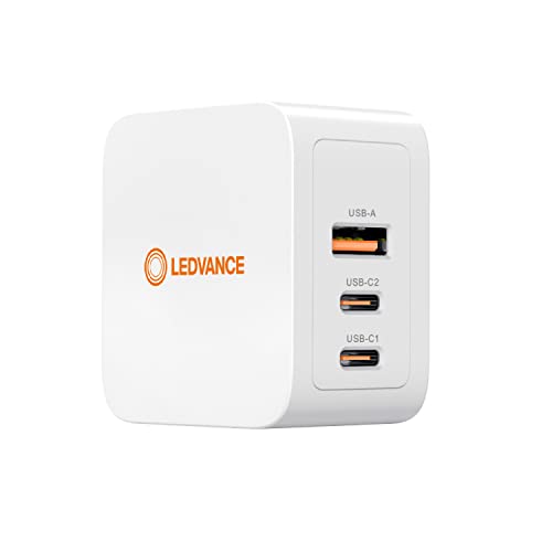 LEDVANCE 65W Smart Fast Charger with USB A / USB C Ports, 3 Device Compact Charger, Laptop / Tablet / Phone, Apple, Huawei, Samsung Compatible, White - 1 Pack (62372)