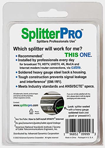 SplitterPRO - Digital Splitters Professionals Install Every Day Across The U. S. A. 2-Way Coaxial Cable Splitter, 1 GHz for HDTV/4K/8K TV, High Speed Internet (Not for Satellite Dish Connections)