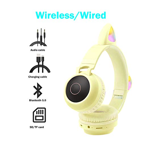 Viwind Kids Bluetooth Headphones,Wireless Over-Ear Headphones with Microphone,Cat Ear Headset with SD/TF Slot,Stereo Sound,Wireless & Wired Mode for Girls,Boys, Children,Teens, Student-Yellow