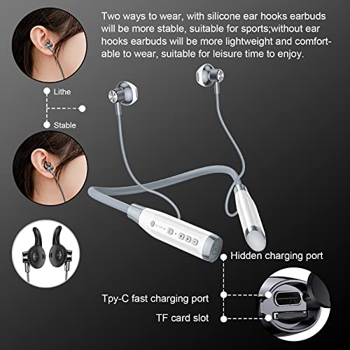 EEAABBR Bluetooth Neckband Headset with TF Card Slot 100 Hours Playtime Wireless Neckband Headphones Built-in Noise Cancelling Mic IPX5 Waterproof Two Ways in-Ear Earphones for Sports,Cycling,E-Books